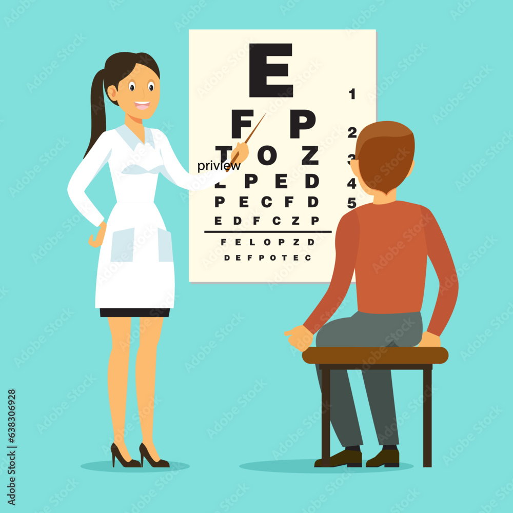 Vector illustration of female doctor doing eyesight check up procedure ...