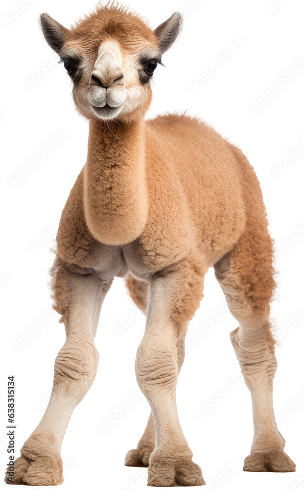 Cute standing baby dromedary camel isolated on a white background as ...