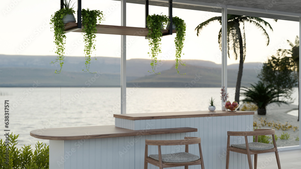 A modern, minimal counter bar with wooden chairs in a comfortable ...
