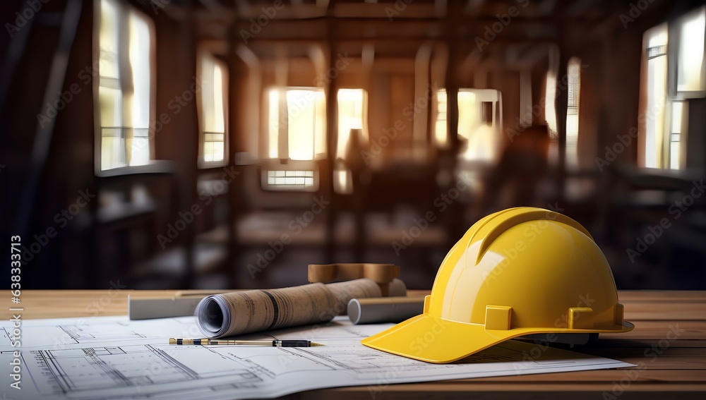 Yellow paint and blueprints with the project are on the desktop, at the ...