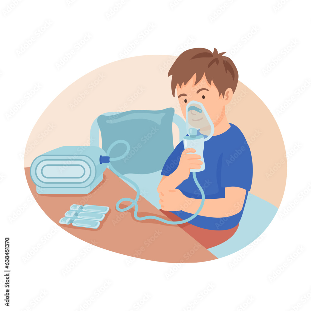 Little boy using nebulizer in hospital vector illustration. Child with ...