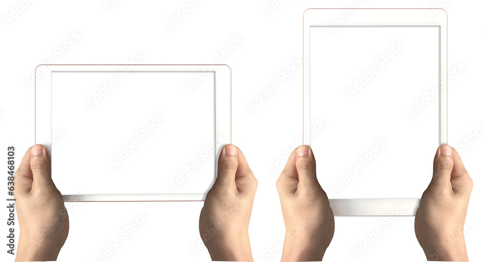 Hand holding horizontal vertical view digital computer tablet on ...