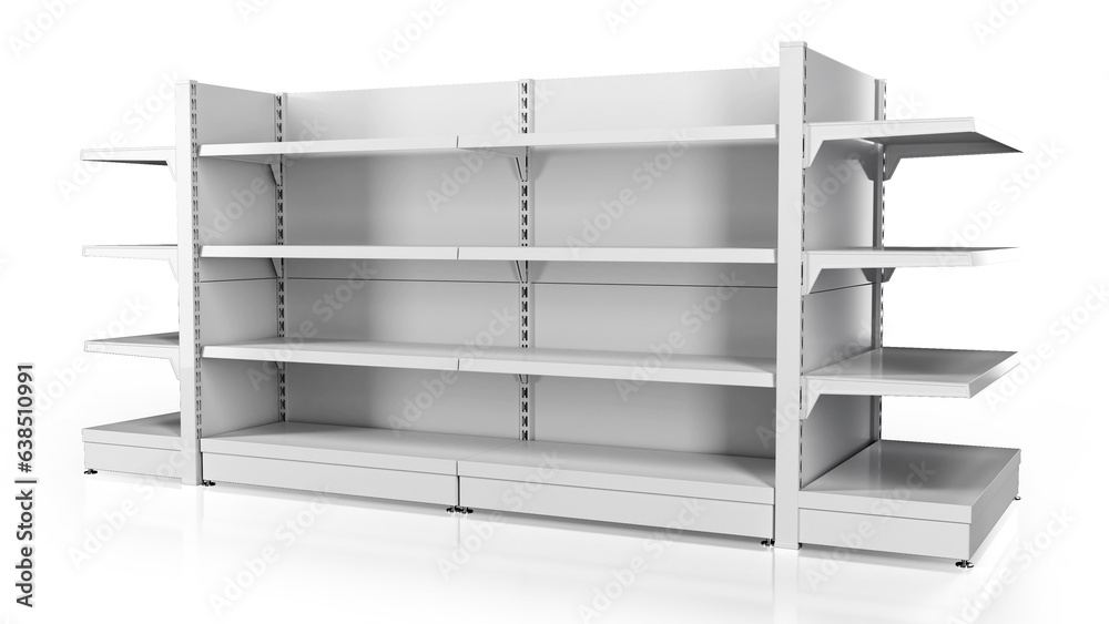 Metal showcase with open shelves, rounded side sections and topper. 3d ...