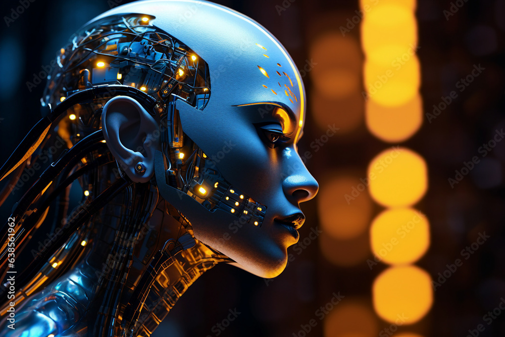 Generative ai collage of female humanoid robot invention on dark black background Stock Photo ...