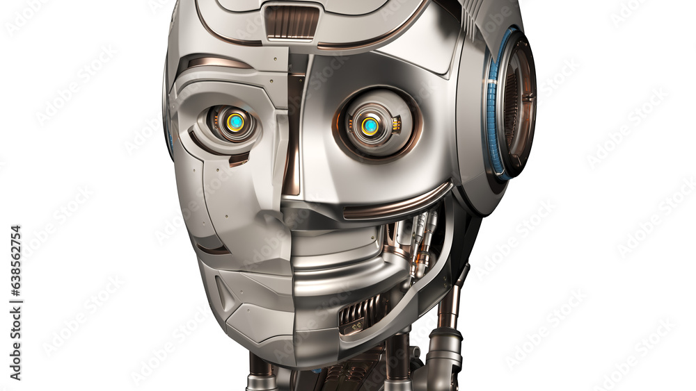 3D render of detailed futuristic robot or cyborg man with half face ...