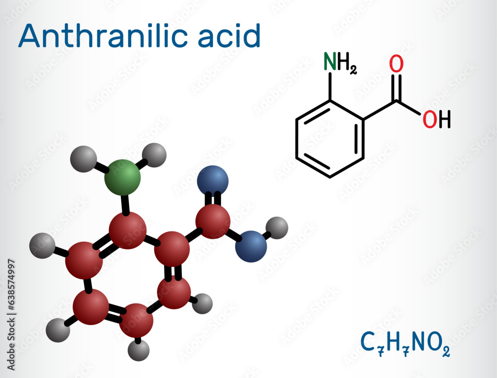 Anthranilic acid molecule. It is aminobenzoic aromatic acid. Structural chemical formula and ...