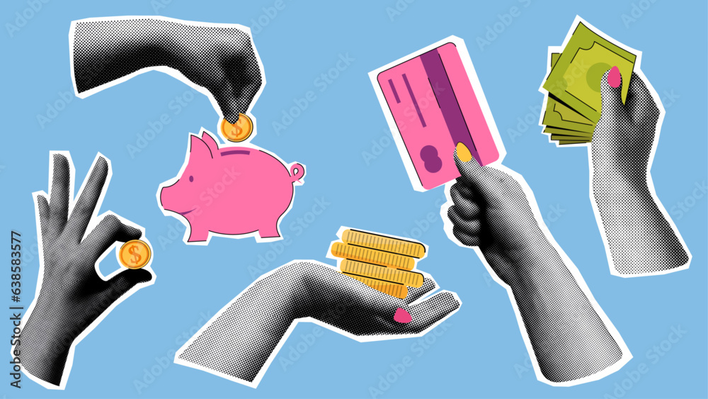 Halftone set of hands with vector flat elements of money theme: piggy ...