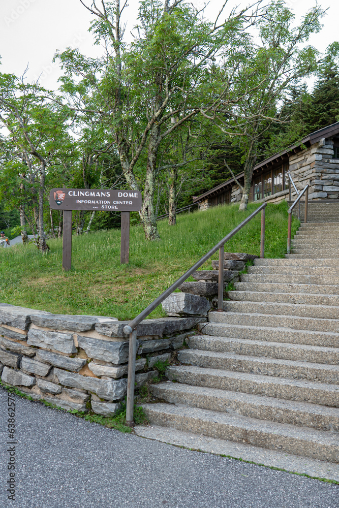 Gatlinburg, TN US - July 6, 2023: Steps and stone retaining wall at the ...