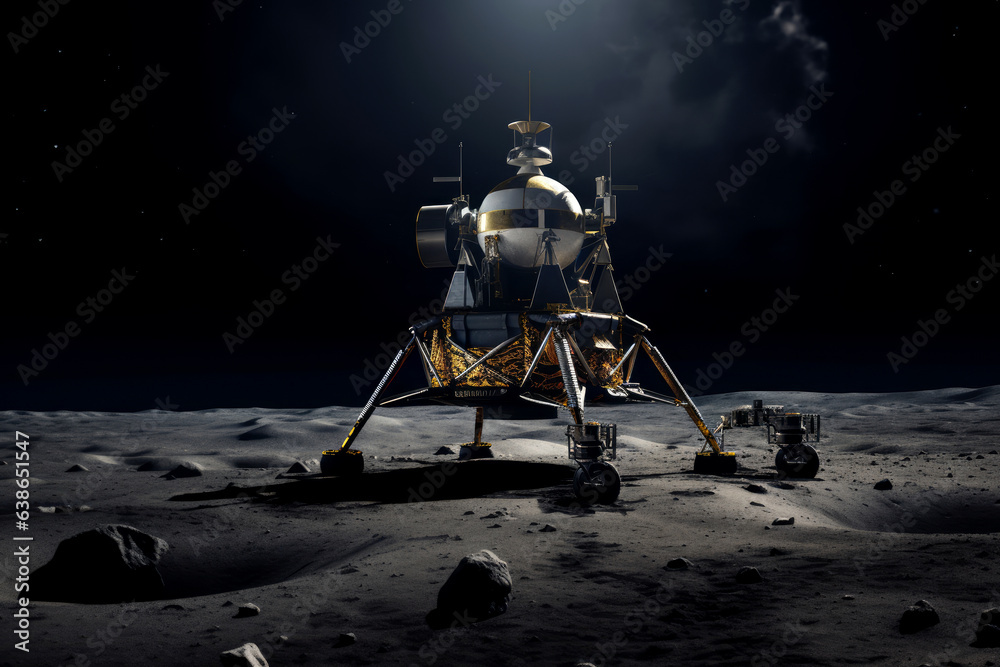 Lunar spacecraft lander module sitting on the Moon's south pole. Lunar ...