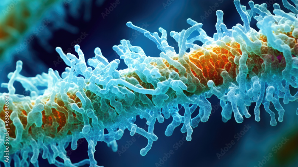 At a closer look under the microscope a microscopic chromosome shows a ...