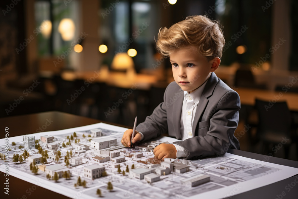 children architect. A boy in a suit is inside the office. Holding pen ...