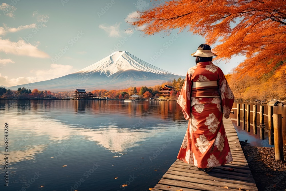 Woman backgrounds mountain Fuji with morning fog and red leaves at lake ...