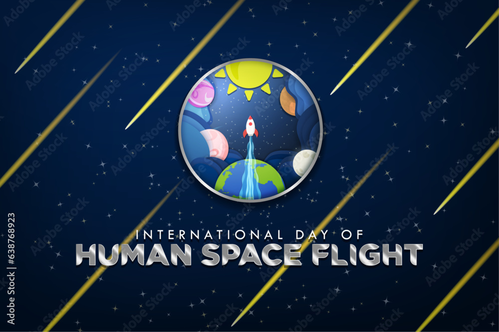 International Day of Space Human Flight Design. Paper origami style ...