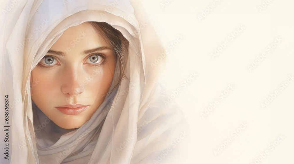 Virgin Mary, mother of Jesus Christ with white clothes on beige ...