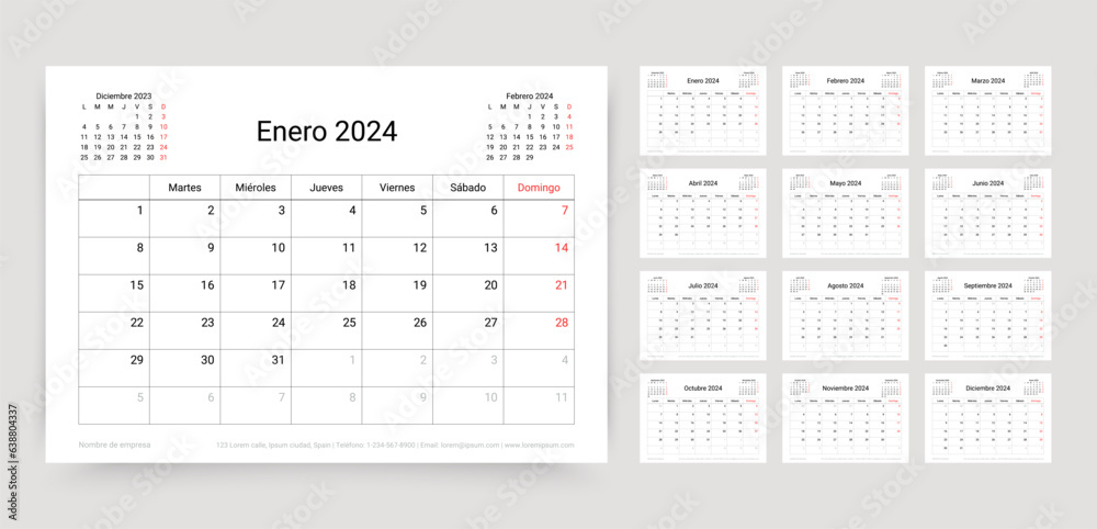 2024 Spanish calendar. Planner template. Calender layout with 12 month ...