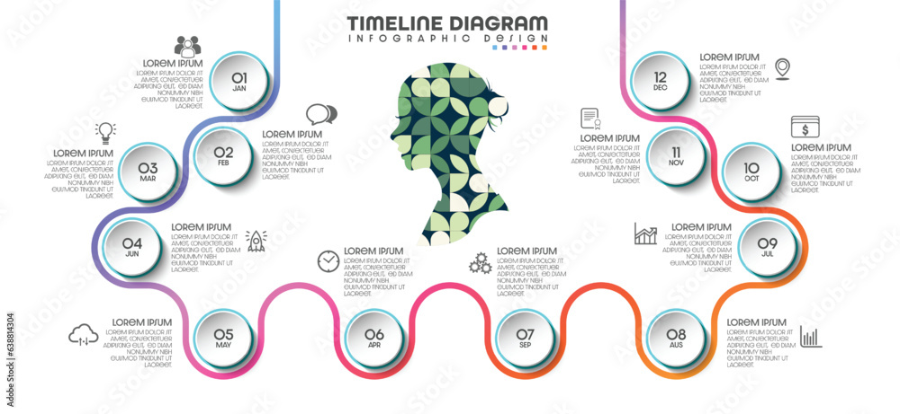 12 month calendar design concept, modern timeline, infographic template ...