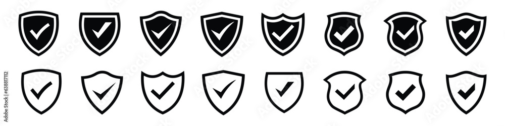 Protect shield signs. Security shields logotypes with check mark ...