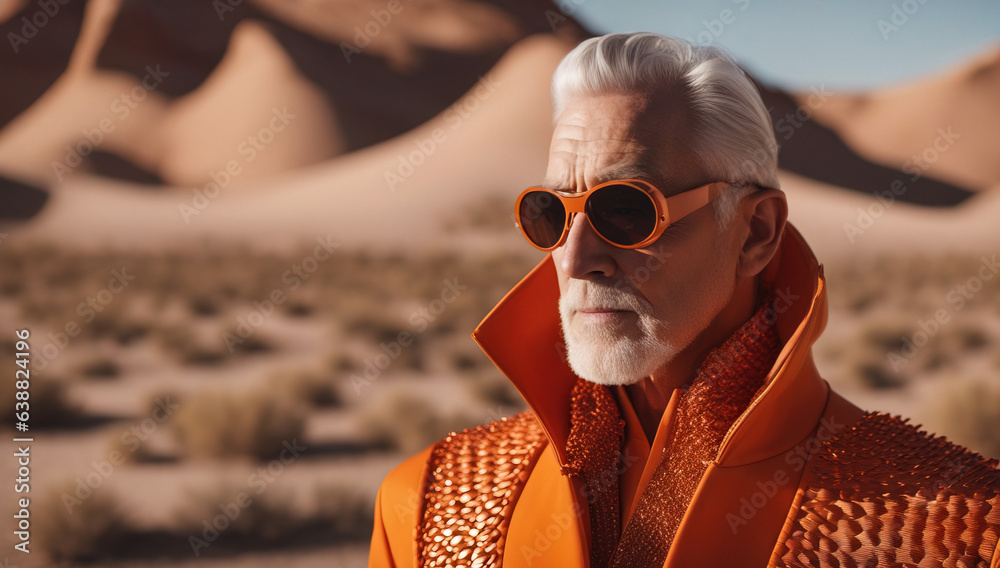 A high-fashion photo featuring an old male model in orange outfit avant ...