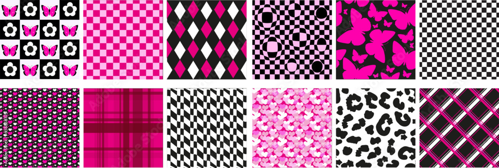 Y2k glamour emo pink seamless patterns set. 2000s aesthetic. Retro ...