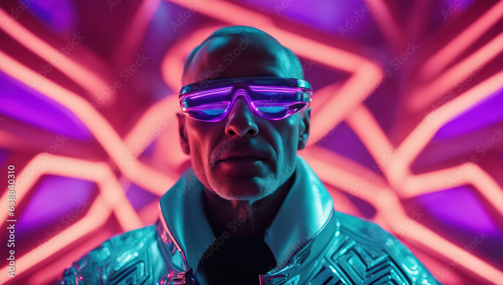 A high-fashion photo featuring an old male model in neon outfit avant ...