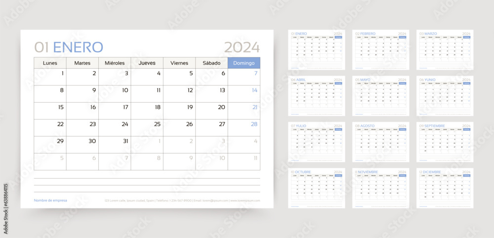 2024 Spanish calendar. Planner template. Calender layout with 12 month ...