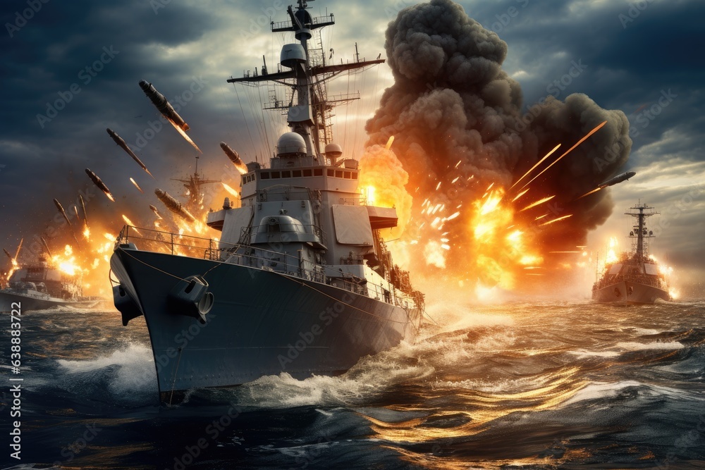 Epic battle of large naval ships on the open sea Stock Photo | Adobe Stock
