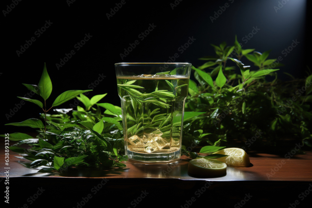 tropical tea filling the shape of an invisible glass, we do not see the ...