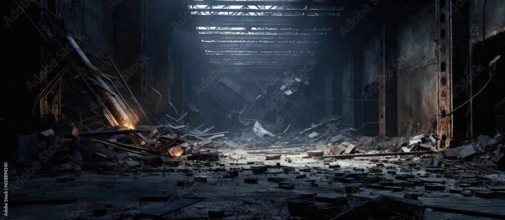 Inside a dark and dim abandoned or destroyed building. Crumbling ...