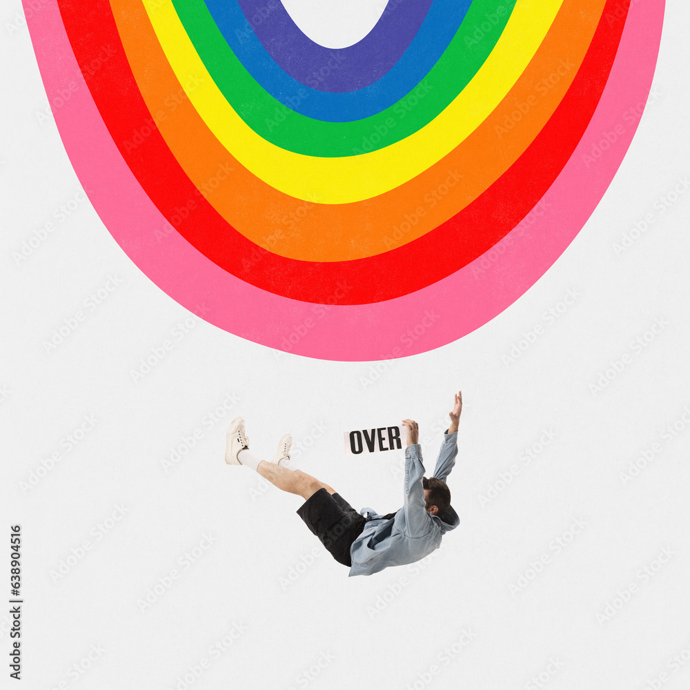 Contemporary art collage. Young man falling down from colorful rainbow ...
