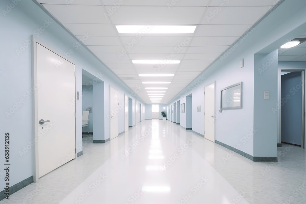 Hospital corridor, interior of modern hospital hallway, hygiene and hi ...