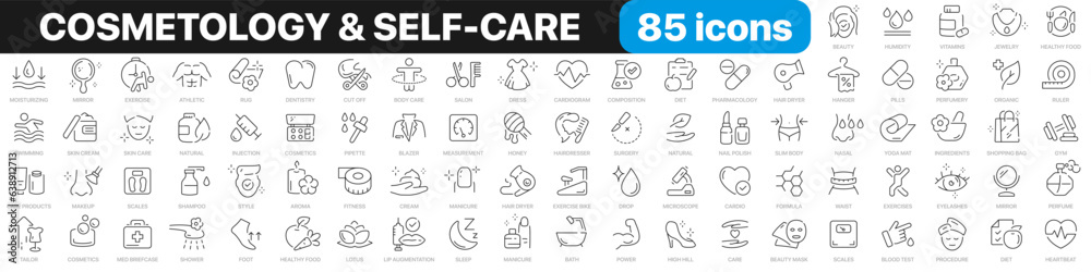 Cosmetology and self-care line icons collection. Skin care, fitness ...