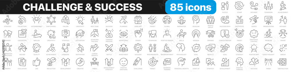 Challenge and success line icons collection. Cooperation, goal ...