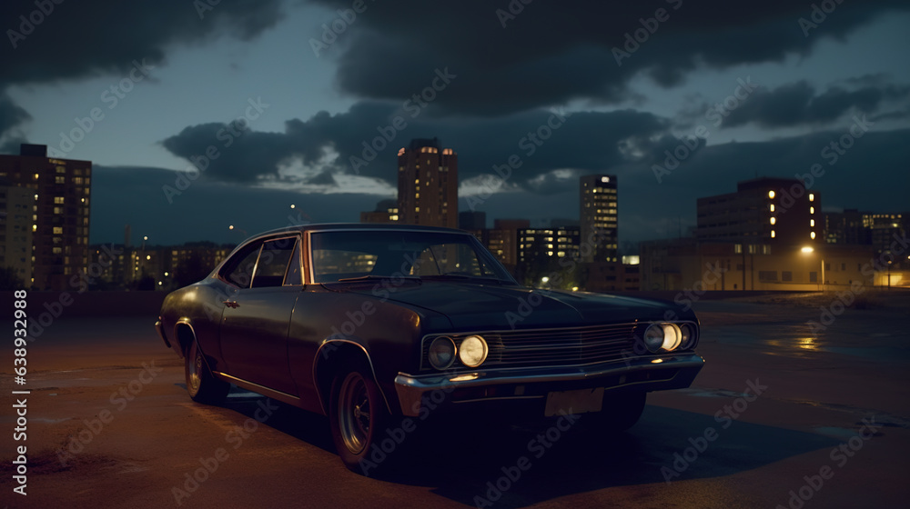 Vintage muscle car parked on the street at night. 80s styled synthwave ...