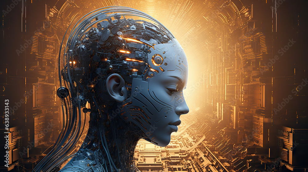 Stock-Illustration „Young female humanoid head is connected to a super ...