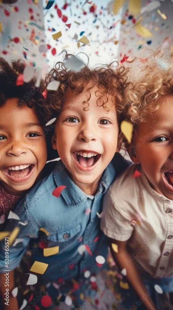 Happy children celebrate birthday together with confetti. Generative AI ...