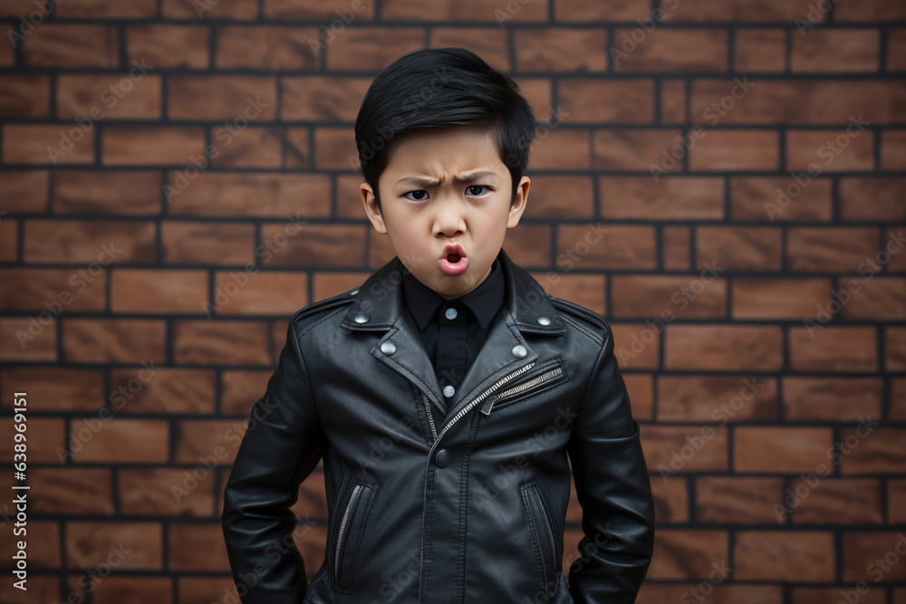 Anger Asian Boy In Black Jacket On Brick Wall Background . Сoncept ...