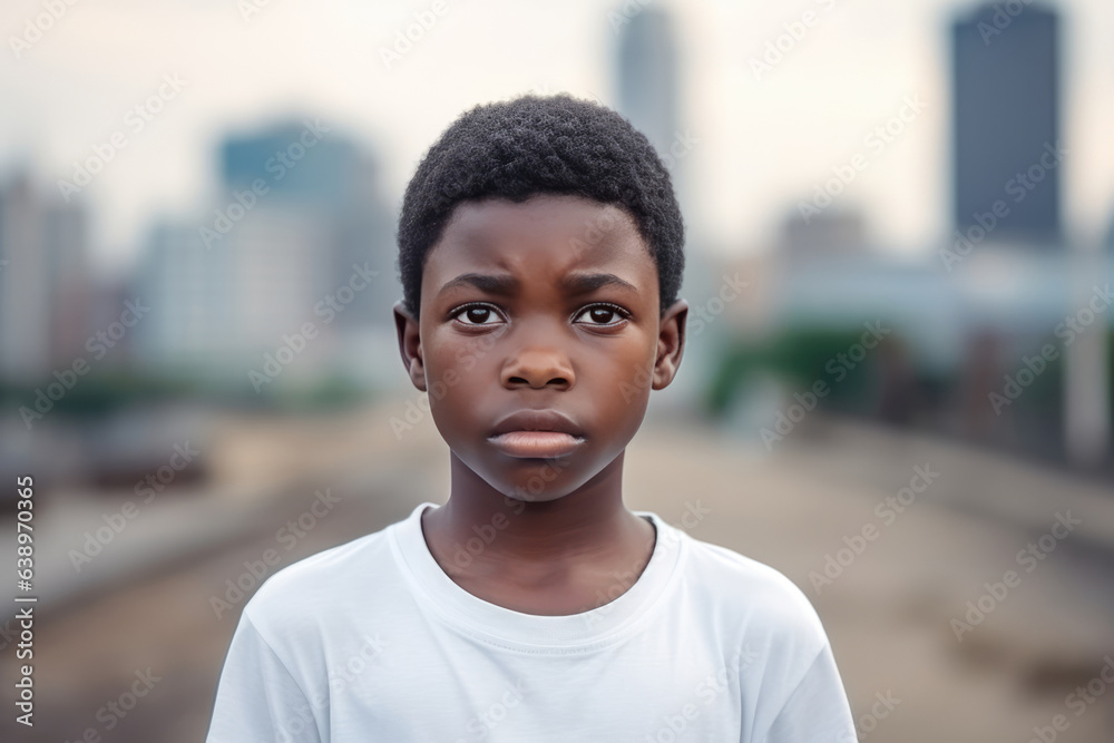 Sadness African Boy In White Polo Shirt On City Background. Сoncept ...