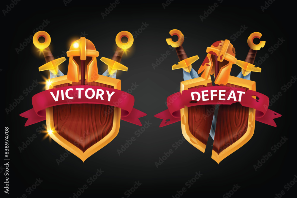 Image vectorielle Stock 3D victory defeat game badge vector UI wooden ...