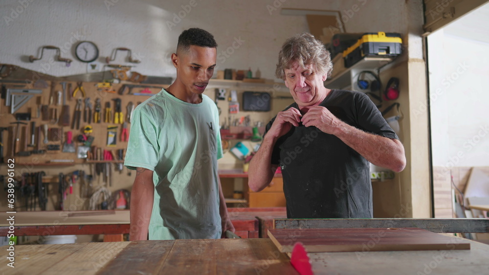Carpenter and apprentice working at workshop, teacher orienting young ...