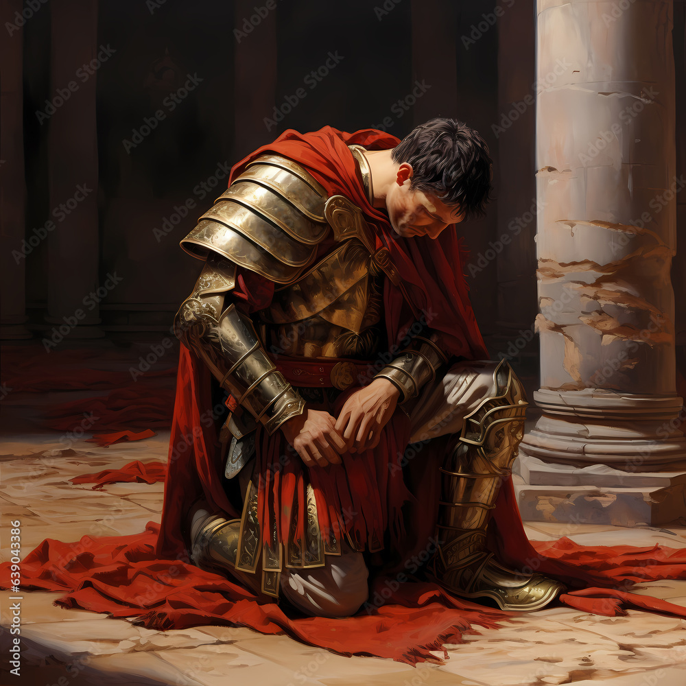 Centurion kneeling down in honor of Jesus Christ. Stock Illustration ...
