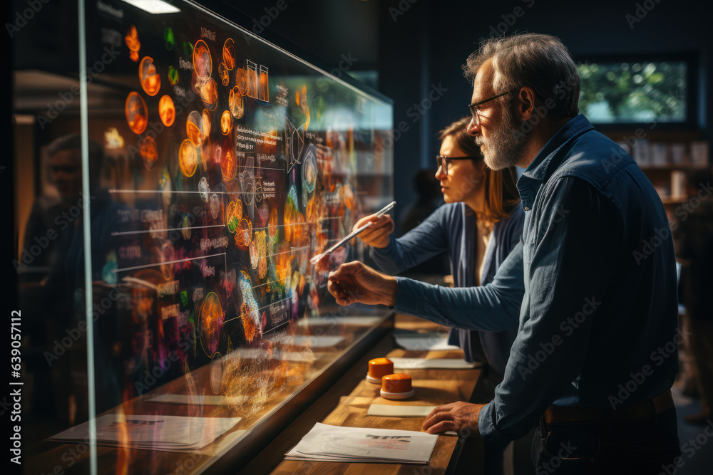 Brainstorming Session. Group of people gathered around a whiteboard, exchanging thoughts and ...