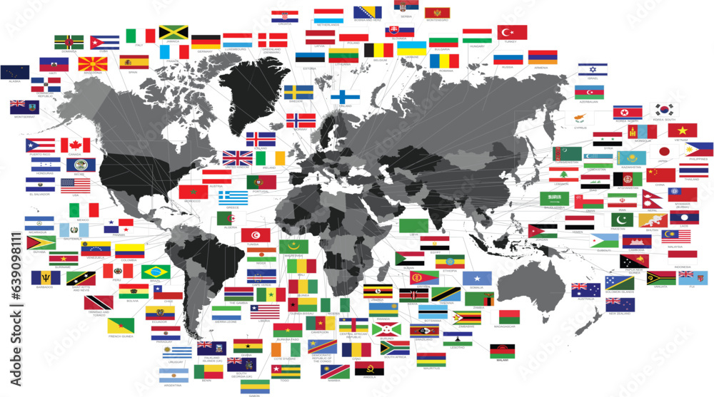 Collection of all national flags with world map and names.Vector ...