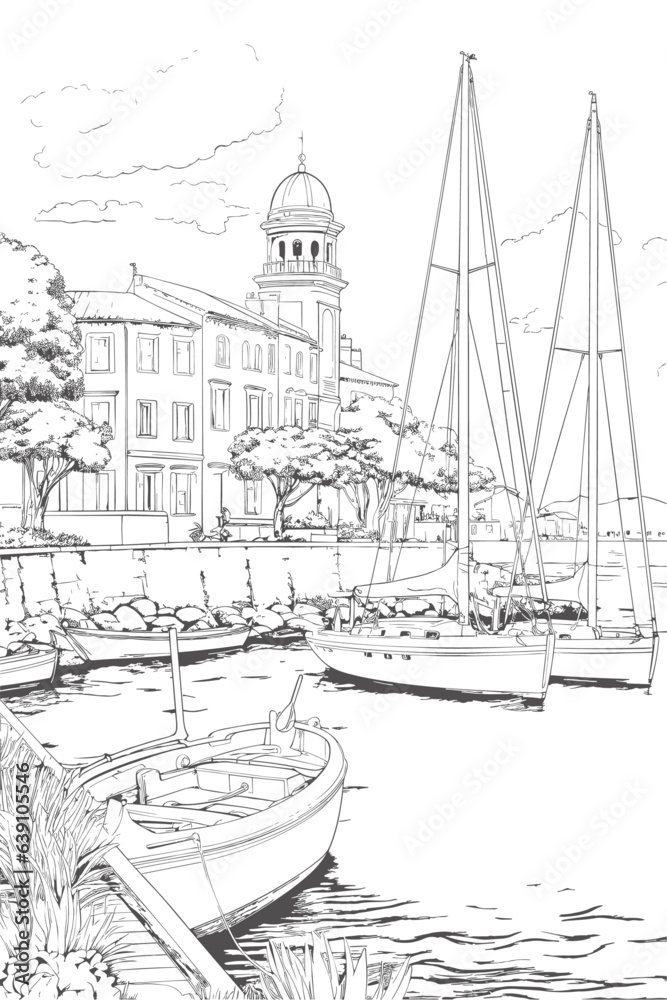 France Saint Tropez cityscape black and white coloring page for adults ...