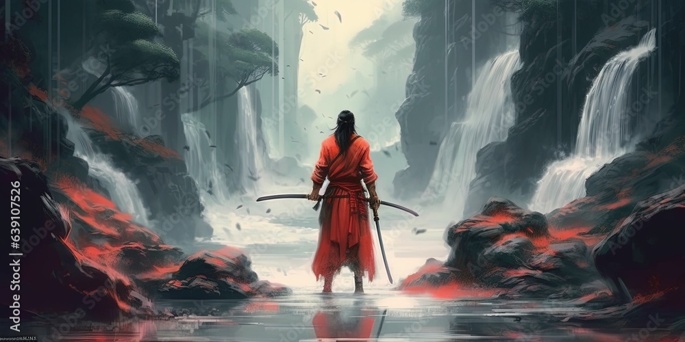 Samurai standing in waterfall garden with swords on the ground, digital ...