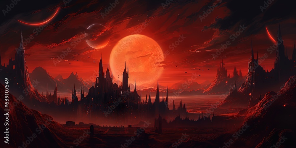 Scenery of castle of thorn with solar eclipse in dark red sky, digital ...