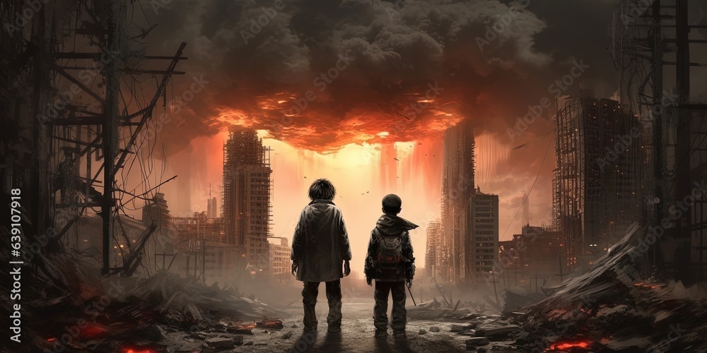 Two brothers in the apocalyptic city with ash storm, digital art style ...