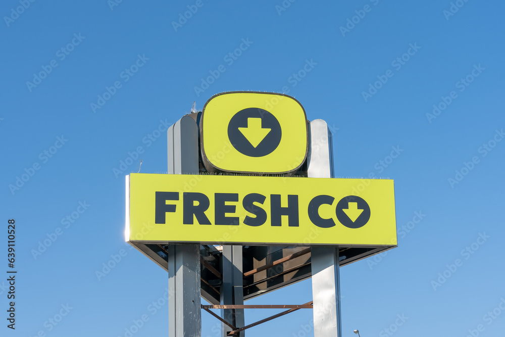 FreshCo logo sign with blue sky in the background. Winnipeg, Manitoba ...