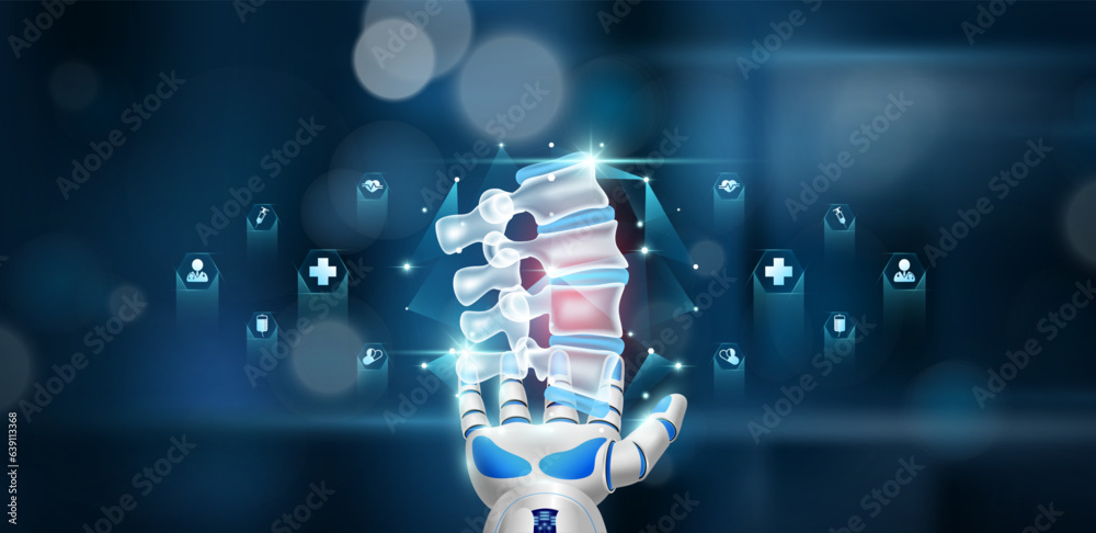Human bone spine organ inside cube float in doctor robot hand. Health ...