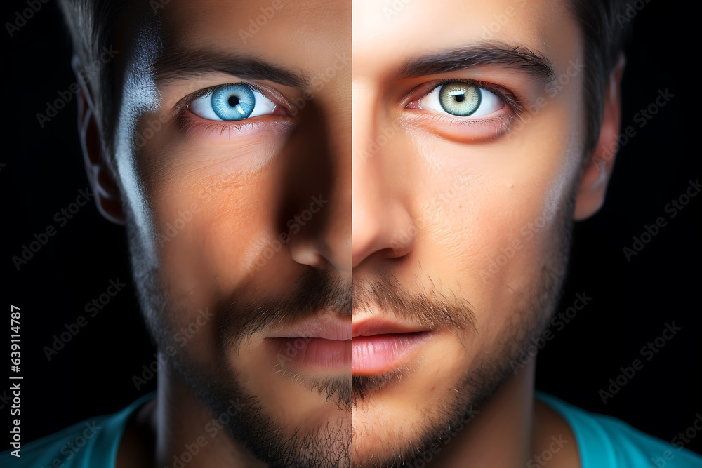 Comparative photo of a man before and after cosmetic keratopigmentation ...