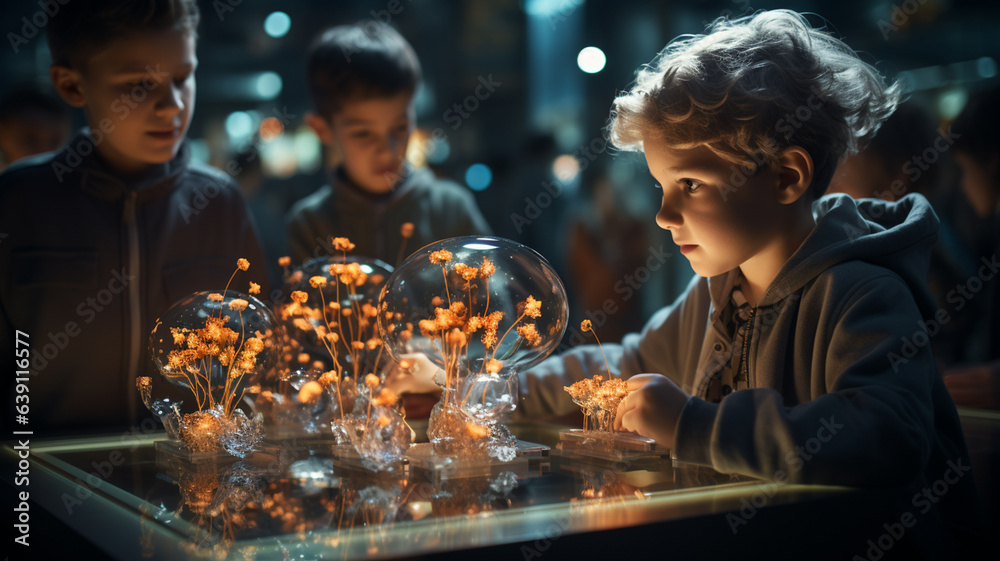 Children, student focusing in geography class with conceptual 3D model ...